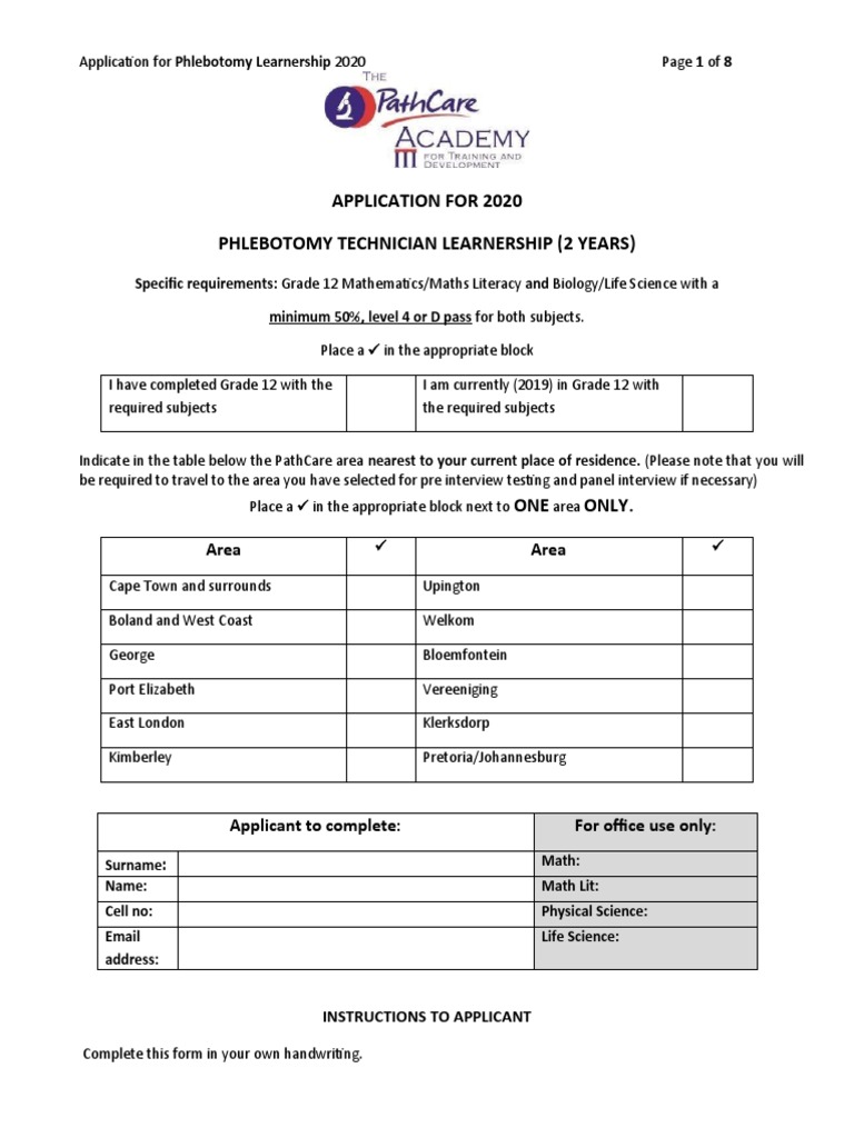 Application for the 2020 Phlebotomy Learnership at PathCare | PDF