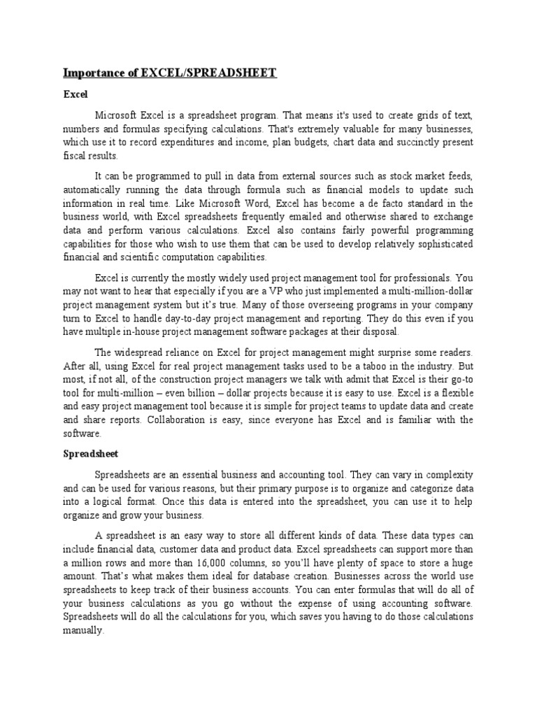 Importance of EXCEL | PDF | Spreadsheet | Microsoft Excel