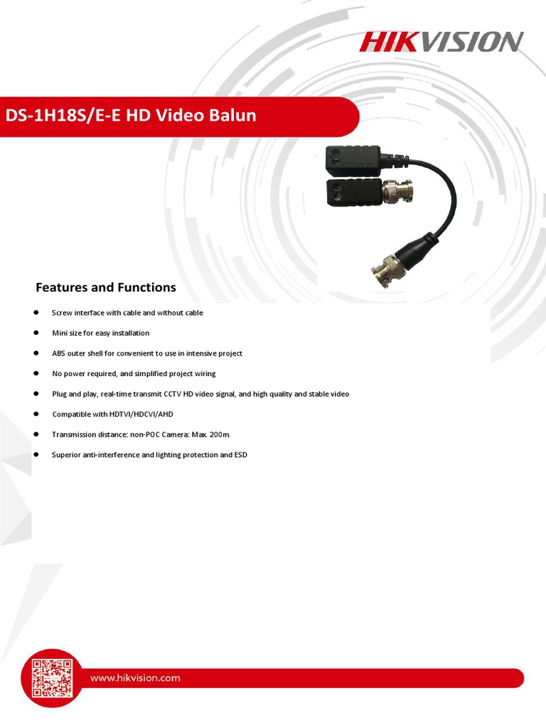 Balun Hikvision - Ficha Técnica Modelo ds-1h18 | PDF
