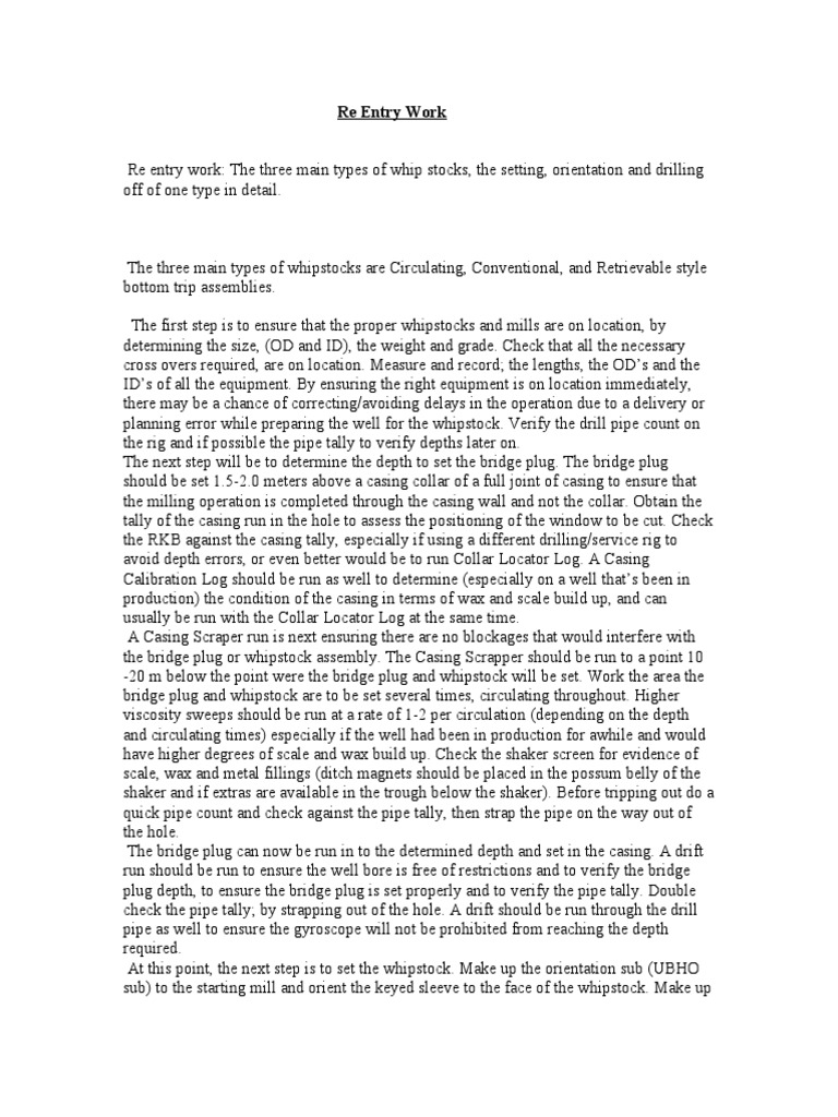Re Entry Work | Download Free PDF | Casing (Borehole) | Drill