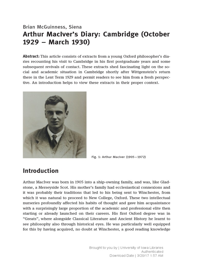 McGuinness - Arthur MacIver's Diary | PDF | Ludwig Wittgenstein | University Of Cambridge