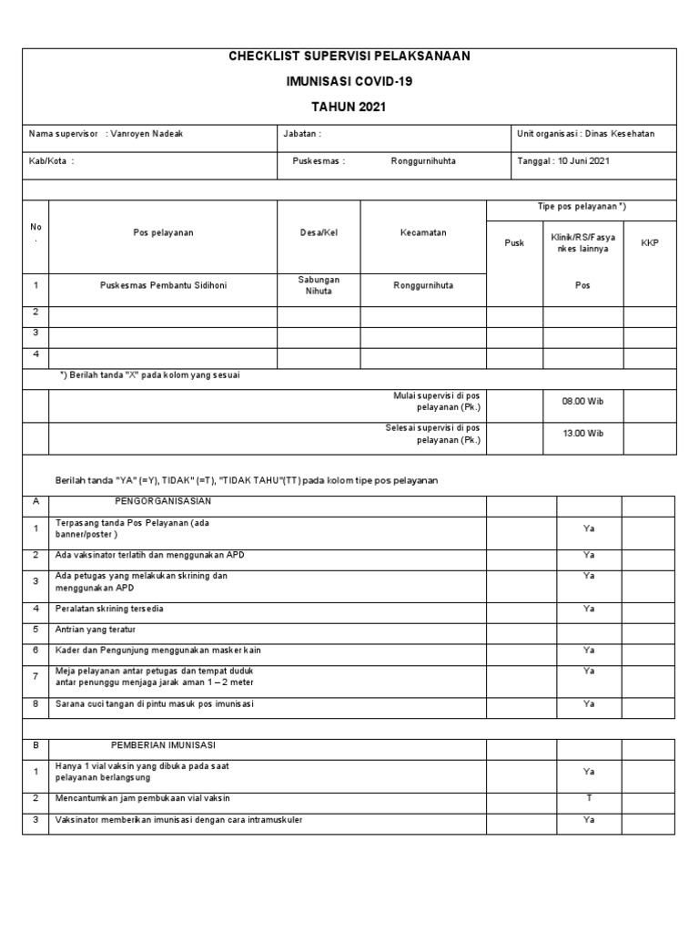 Contoh Checklist Supervisi Pelaksanaan Imunisasi | PDF