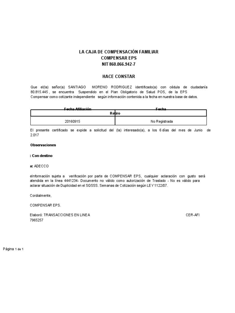 Certificado Compensar | PDF