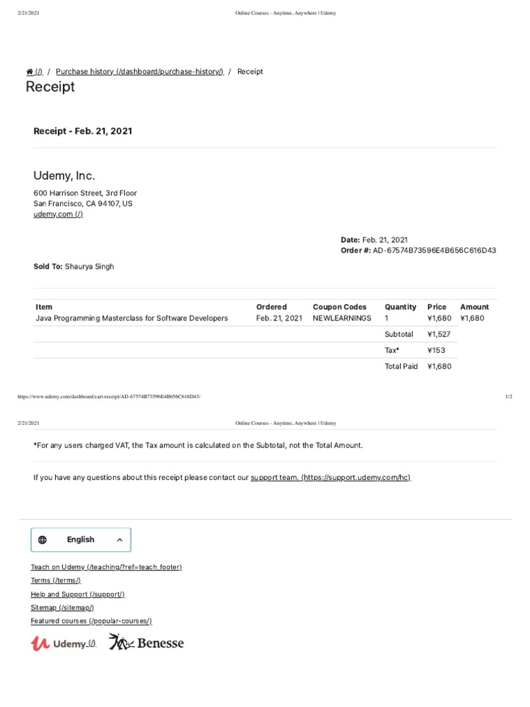 Receipt: Udemy, Inc | PDF