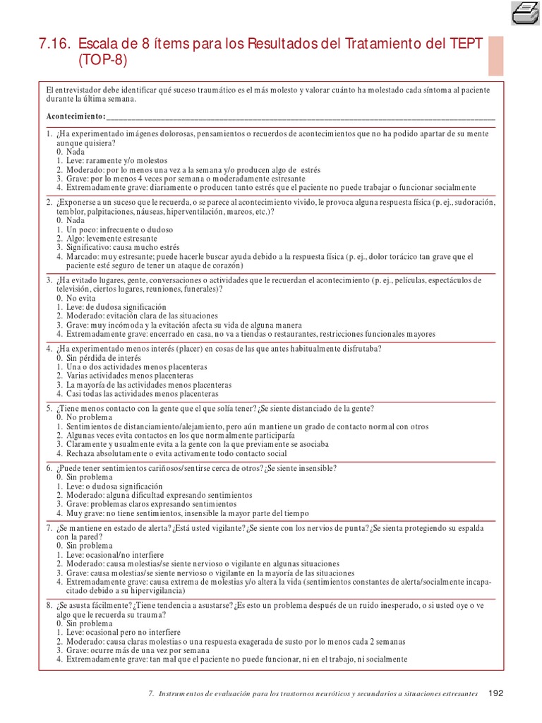 Evaluación de síntomas del TEPT mediante la Escala TOP-8 | PDF | Estrés (biología) | Conceptos ...