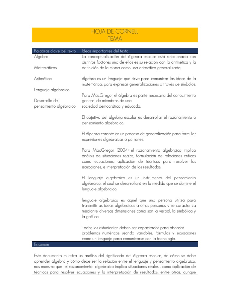 Formato Hoja de Cornell | PDF | Álgebra | Aprendizaje