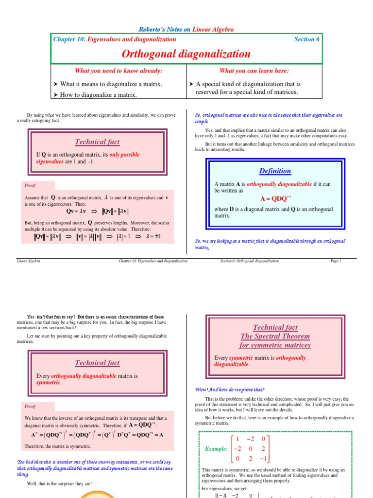 Orthogonal Diagonalization: Linear Algebra Eigenvalues and Diagonalization | PDF | Eigenvalues ...