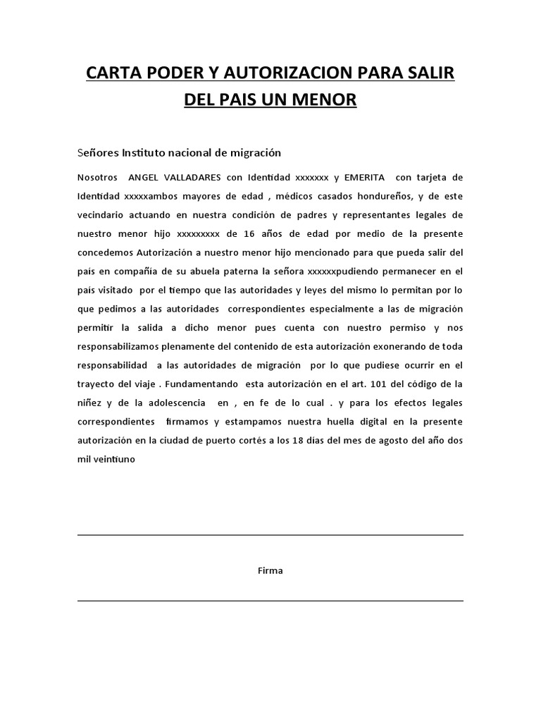 Carta Poder y Autorizacion para Salir Del Pais Un Menor | PDF Carta Poder y Autorizacion para Salir Del Pais Un Menor | PDF