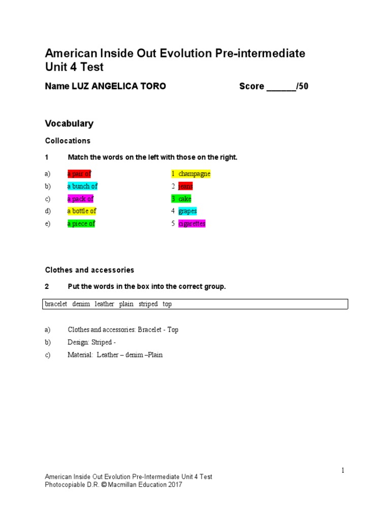 American Inside Out Evolution Pre-Intermediate Unit 4 Test: Name Luz ...