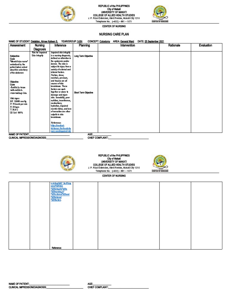 Nursing Care Plan Assessment Nursing Diagnosis Inference Planning ...