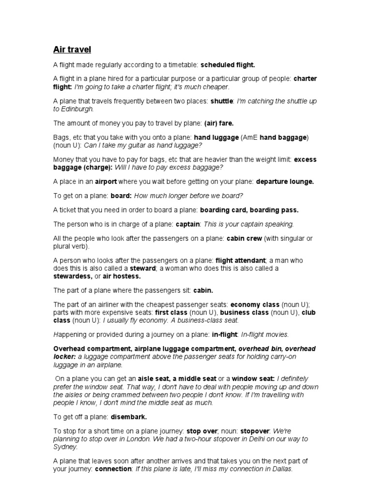 Air Travel Vocabulary | PDF | Baggage | Flight Attendant