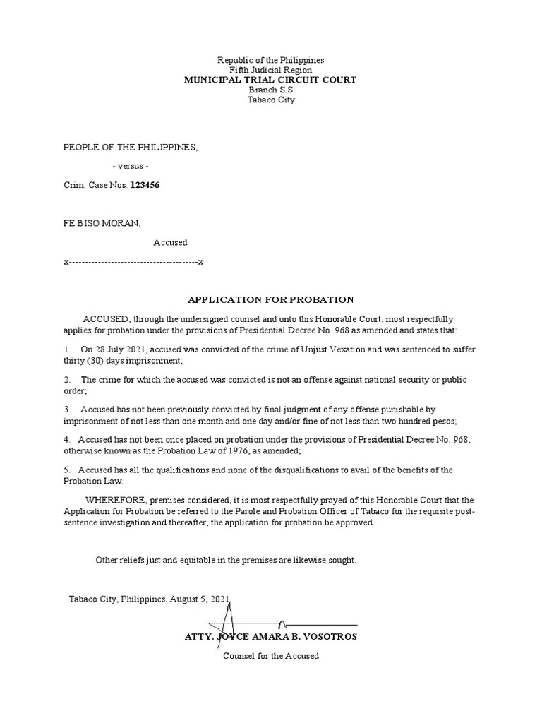 Municipal Trial Circuit Court: Application For Probation | PDF ...