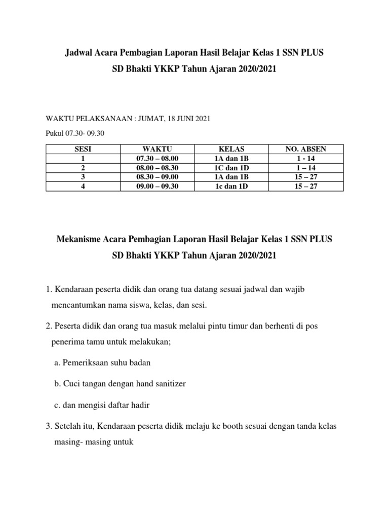 Jadwal Acara Pembagian Laporan Hasil Belajar Kelas 1 SSN PLUS | PDF
