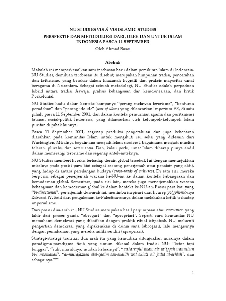 NU Studies Vis-A-Vis Islamic Studies - Ahmad Baso | PDF