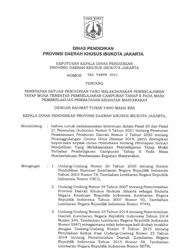 SK Kadis 984 Tahun 2021 PTM Tahap II Pada Masa PPKM | PDF