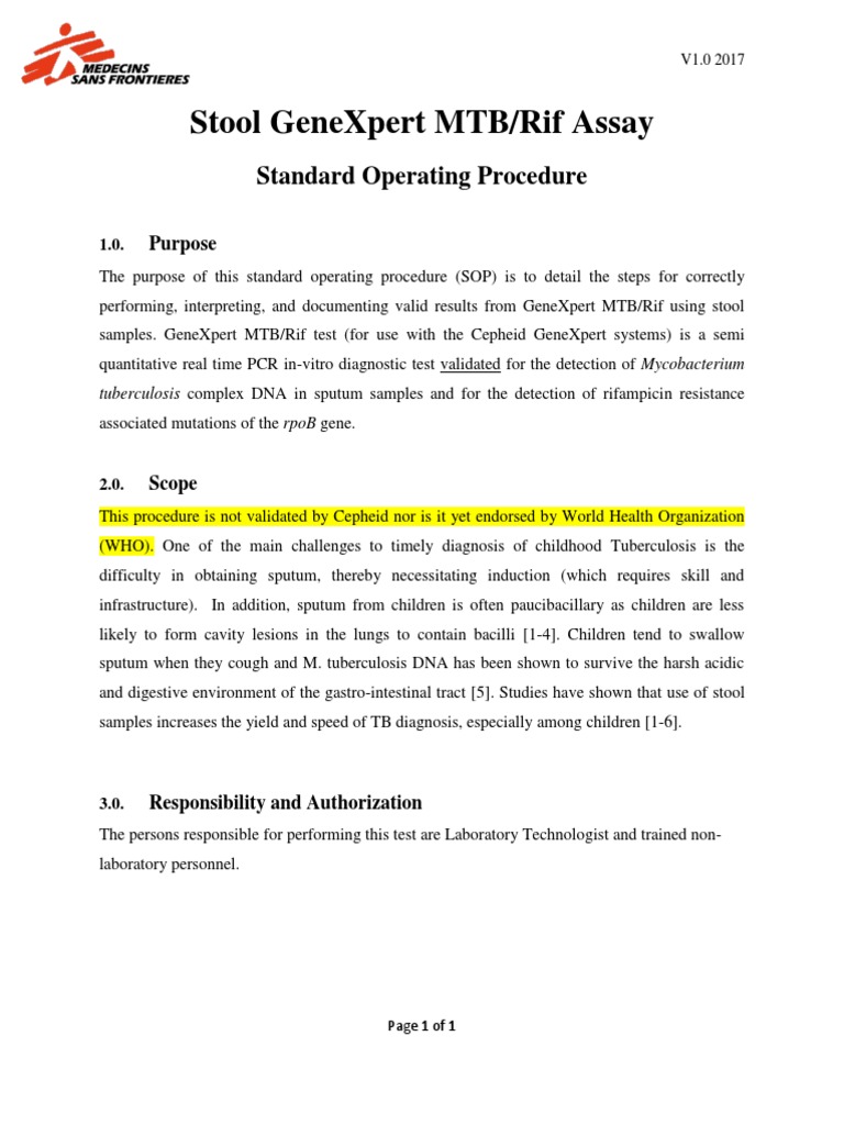 Stool GeneXpert MTB/Rif SOP | PDF | Polymerase Chain Reaction | Biology
