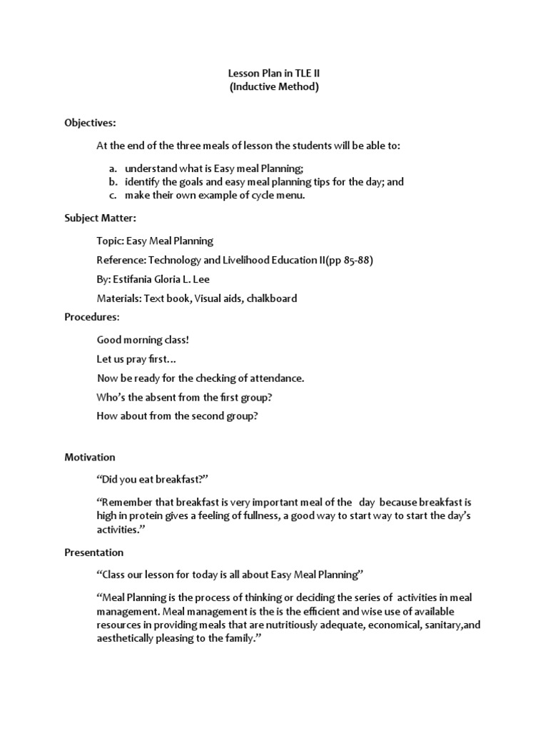 Lesson Plan in TLE II Inductive Method | Download Free PDF | Meal | Lunch