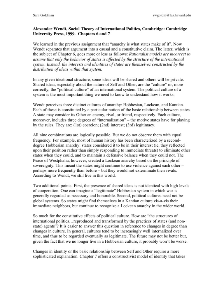 Understanding Wendt's Anarchy Cultures | PDF | Causality ...