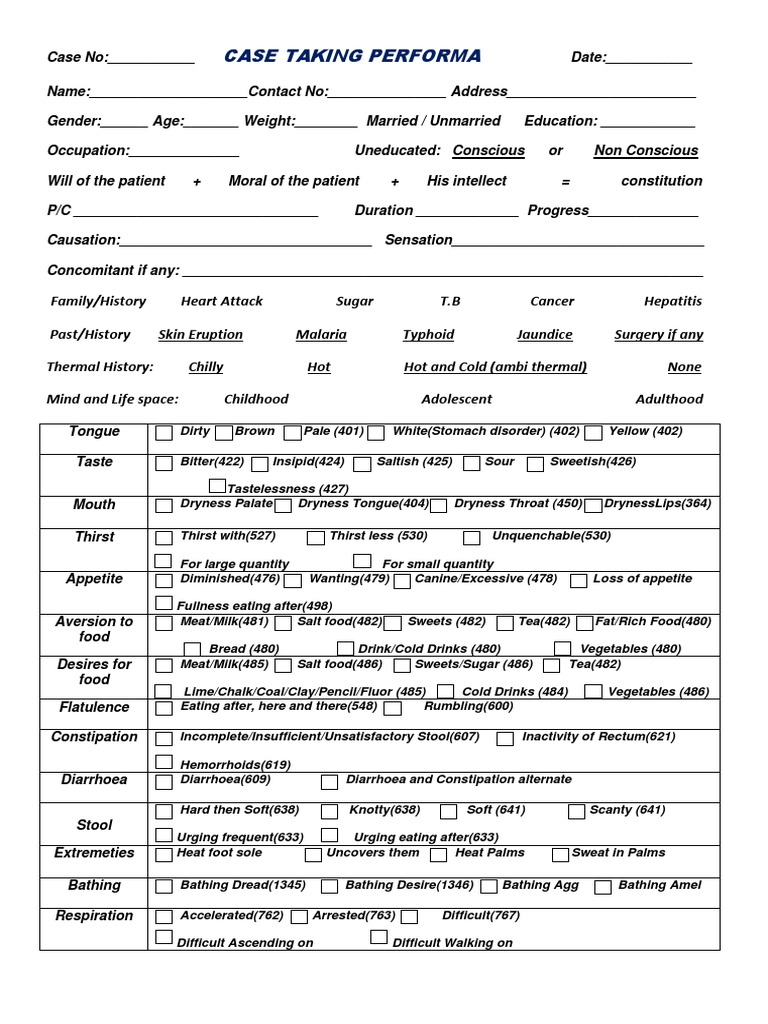 Case Taking Performa Urdu | PDF | Taste | Urine