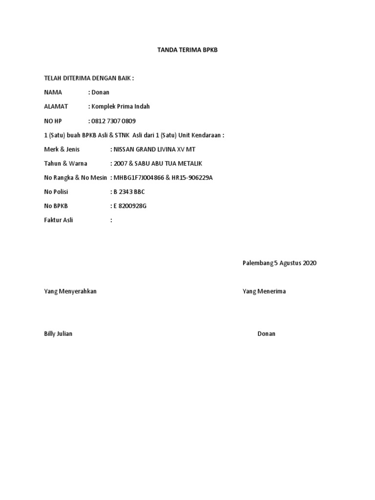 Tanda Terima BPKB Kendaraan 2020 | PDF