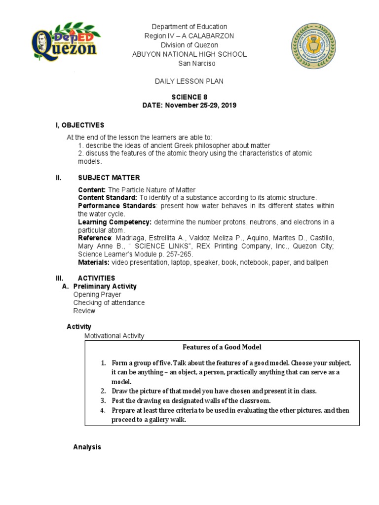 DAILY LESSON PLAN 4a's (THE PARTICLE NATURE OF MATTER) | PDF | Atoms ...