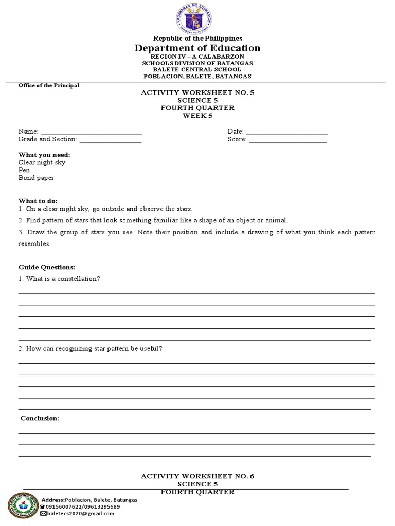 Activity Worksheet No. 5-8 Science 5 Fourth Quarter | PDF
