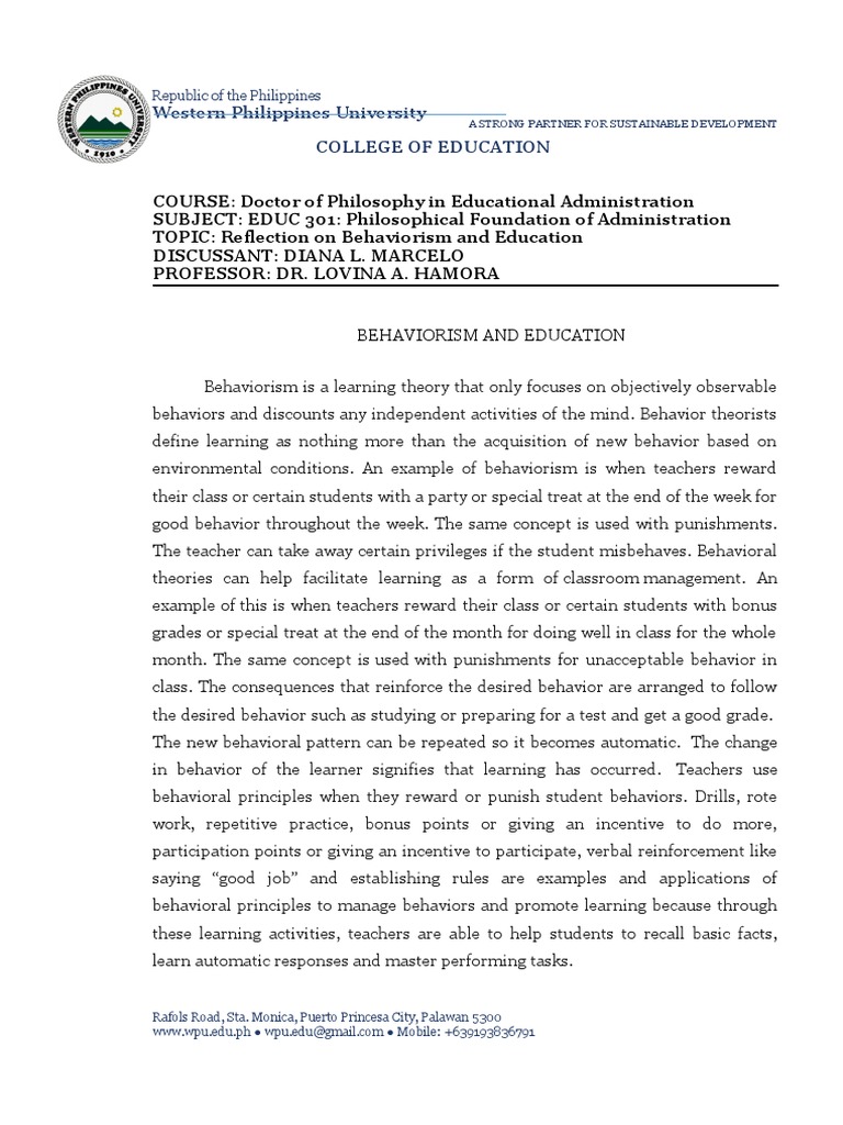 Reflection On Behaviorism and Education | PDF | Behaviorism | Learning