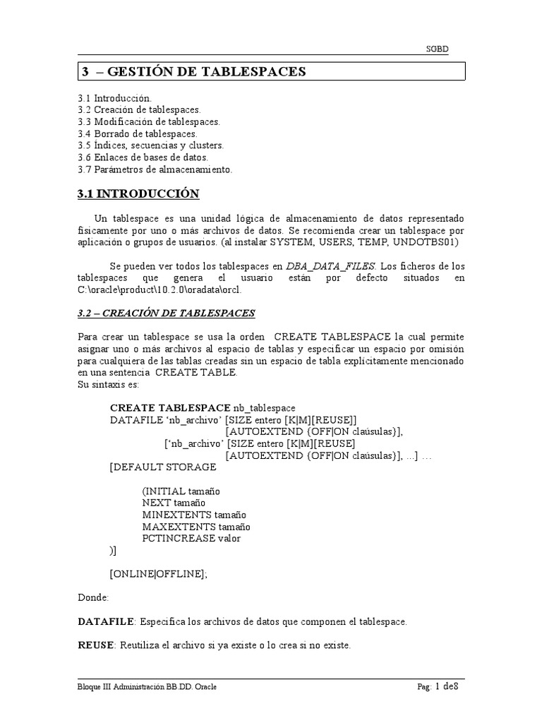 Semana 01 - Gestion de Tablespace Part2 | PDF | Archivo de computadora | SQL