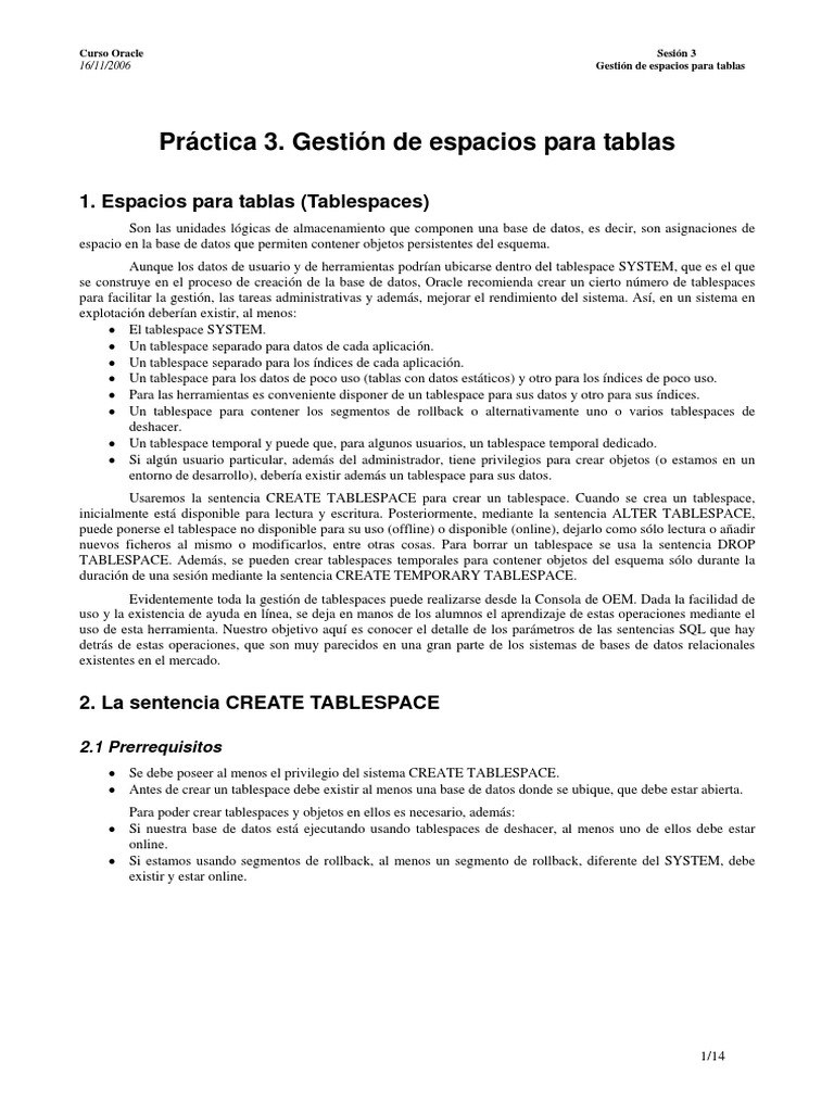 Semana 01 - Gestion de Tablespace Part1 | PDF | Archivo de computadora ...