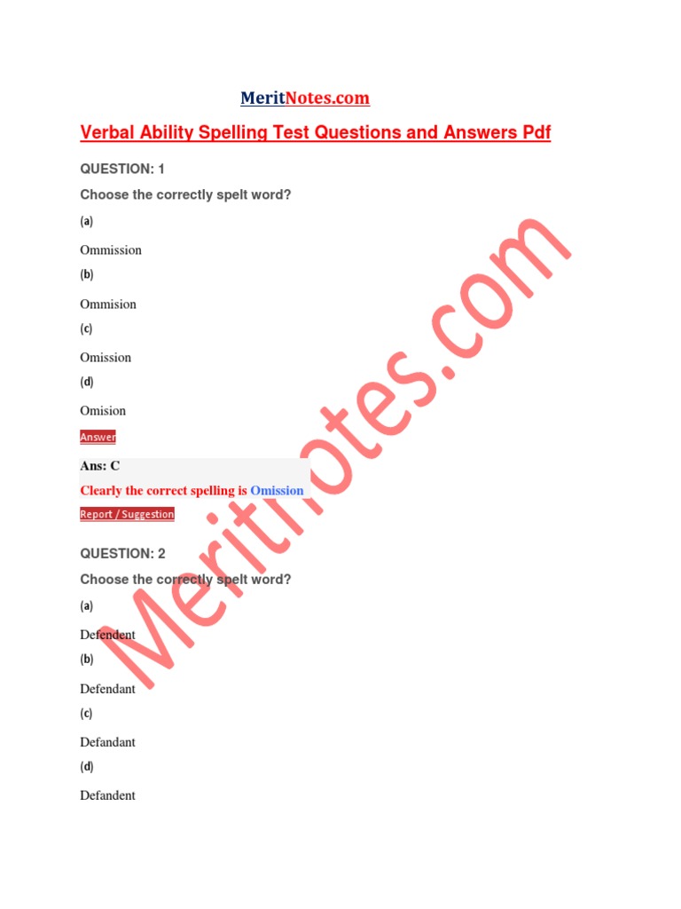 Verbal Ability Spelling Test Questions Answers | PDF | Language Arts ...