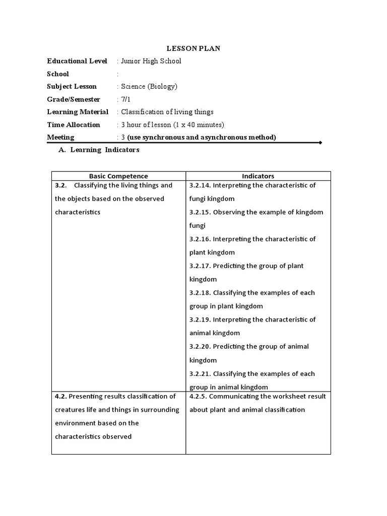 Junior High Science Lesson Plan: Classification | PDF | Learning ...