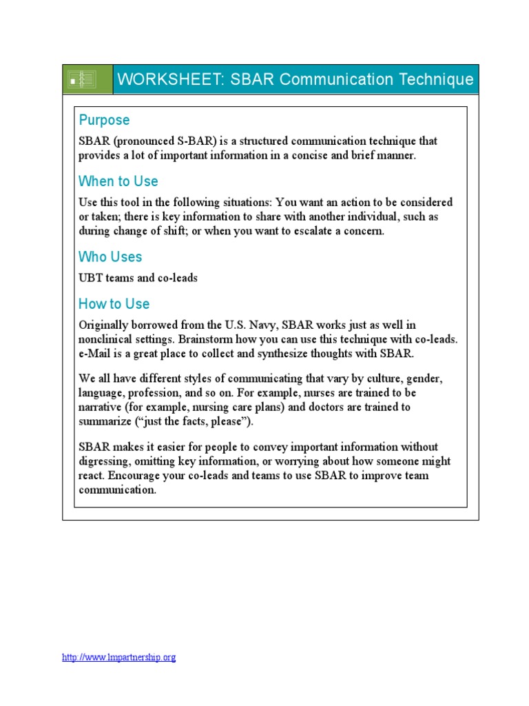 WORKSHEET: SBAR Communication Technique: Purpose | PDF | Medicine ...