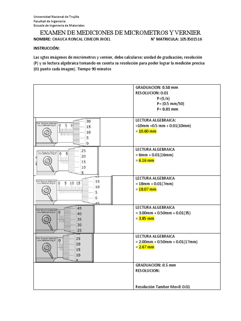 Examen de Mediciones de Micrometros y Vernier | PDF | Longitud | Instrumento de medición