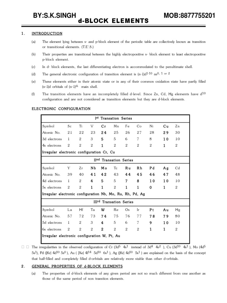d-BLOCK ELEMENTS | PDF | Transition Metals | Chromium