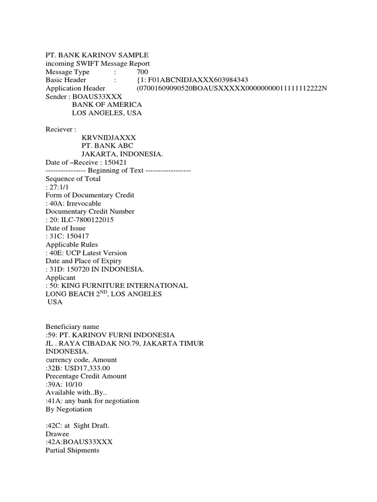 PT. BANK KARINOV SAMPLE Incoming SWIFT Message Report | PDF