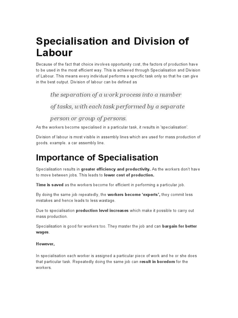 Specialisation and Division of Labour Explained | PDF