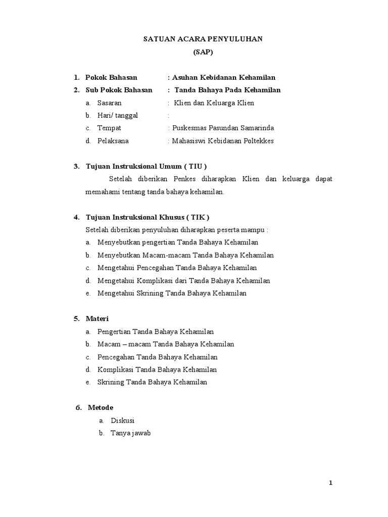SAP TANDA BAHAYA KEHAMILAN Trimester 1 | PDF SAP TANDA BAHAYA KEHAMILAN Trimester 1 | PDF