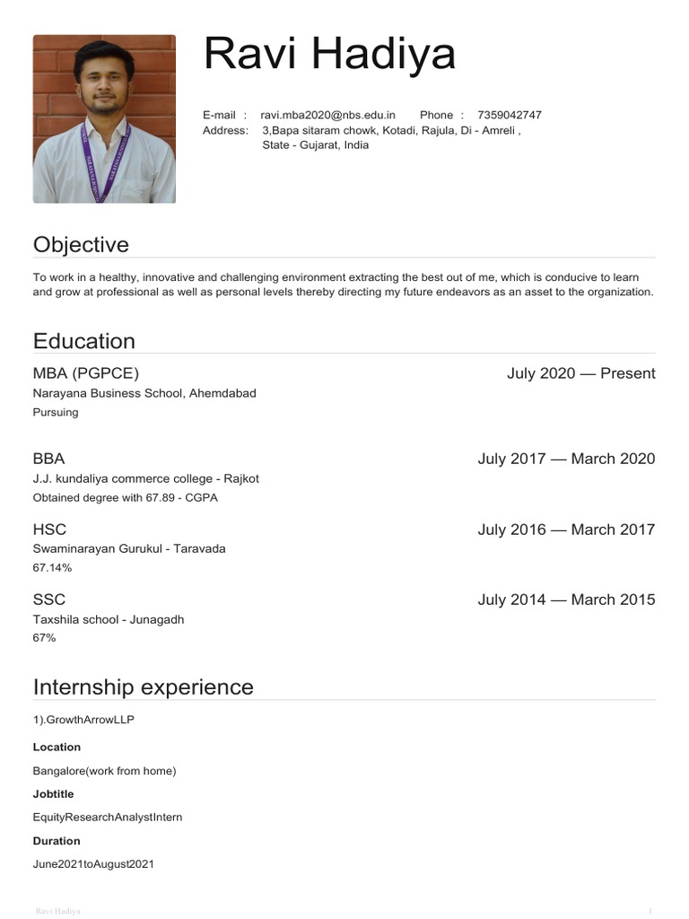 CV (Ravi Hadiya) | PDF | Business | Economies