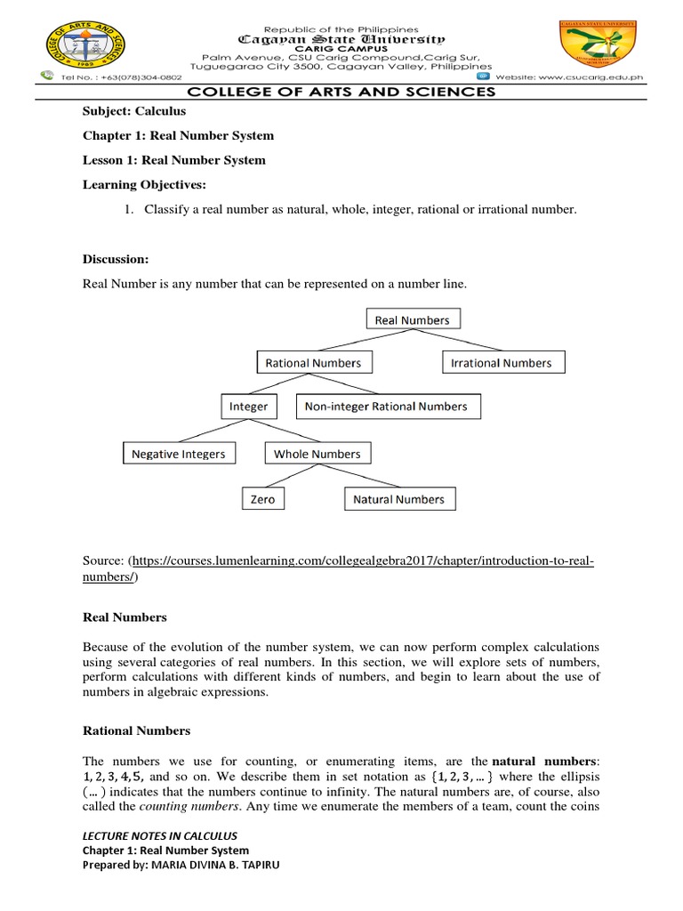 Subject: Calculus Chapter 1: Real Number System Lesson 1: Real Number ...