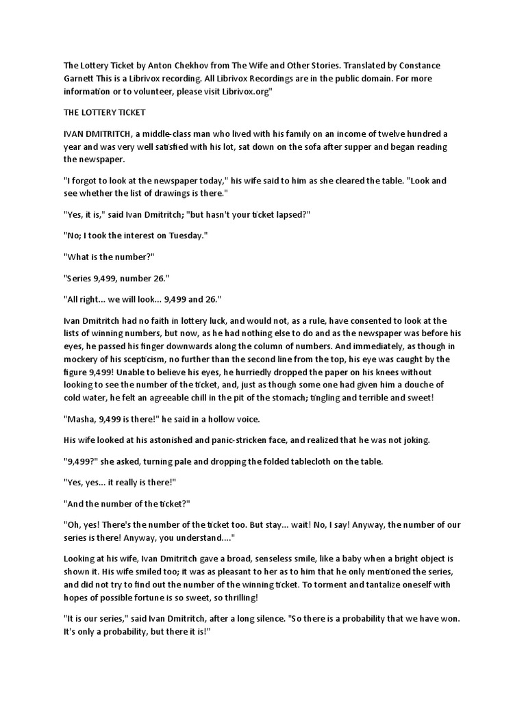 The Lottery Ticket by Anton Chekhov From The Wife and Other Stories ...