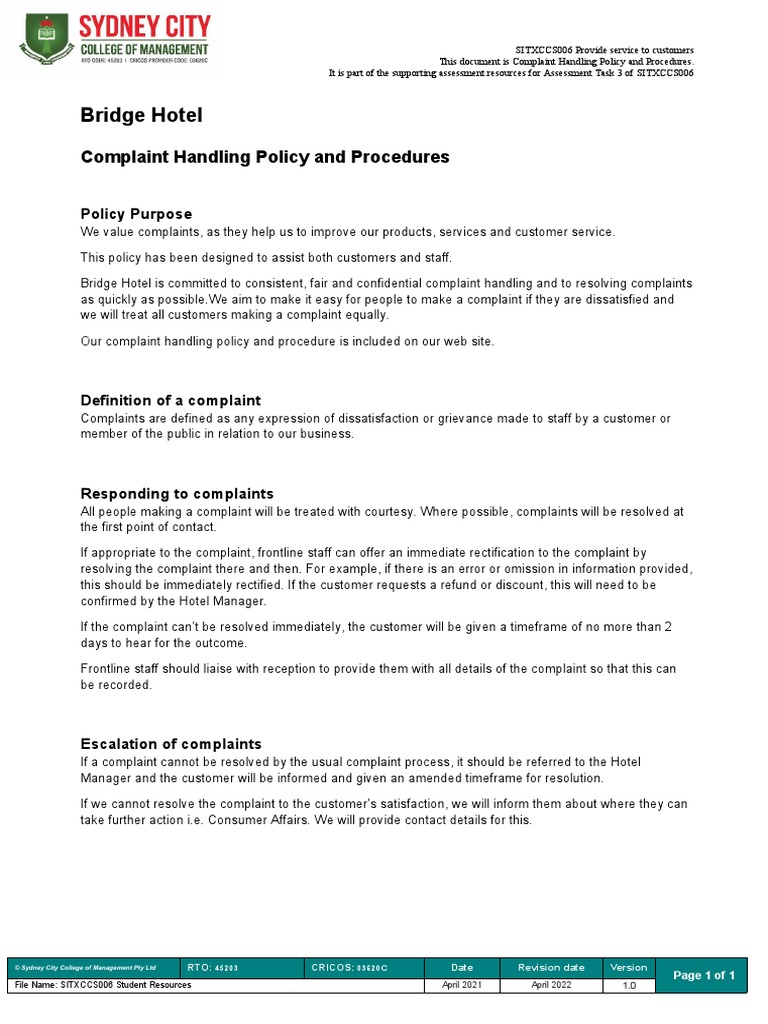 Complaint Handling Policy and Procedures | PDF | Complaint | Business