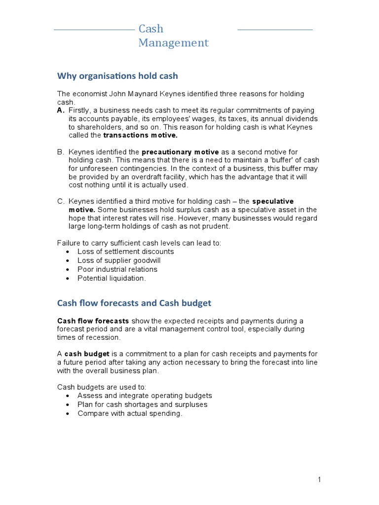 Cash Management: Why Organisations Hold Cash | PDF | Interest | Inventory