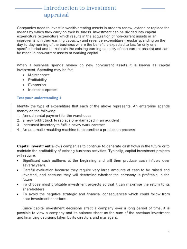 (Lecture 1 & 2) - Introduction To Investment Appraisal Methods | PDF ...