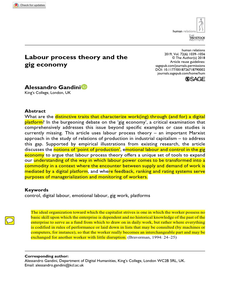 Labour Process Theory and The Gig Economy: Alessandro Gandini | PDF ...