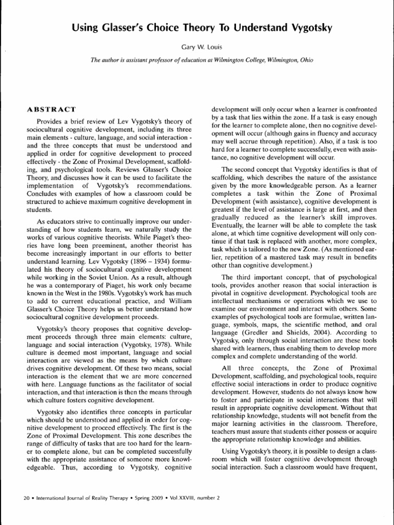 Glasser's Choice Theory & Vygotsky | PDF | Cognitive Development | Learning