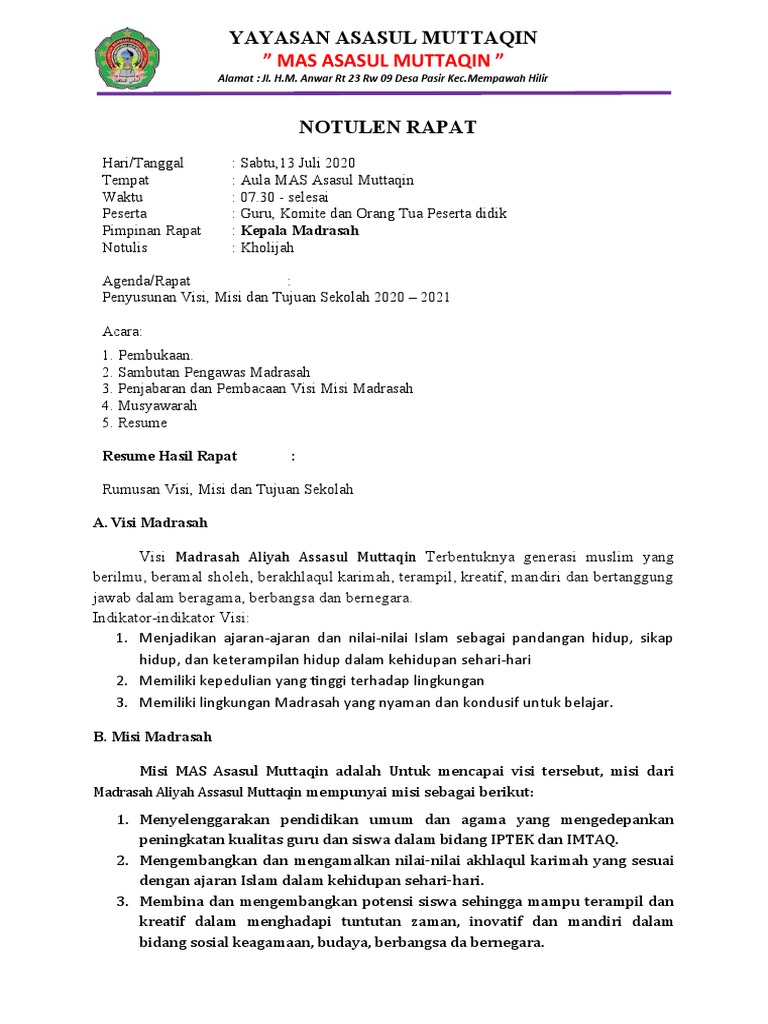 Notulen Rapat Visi Misi Madrasah | PDF