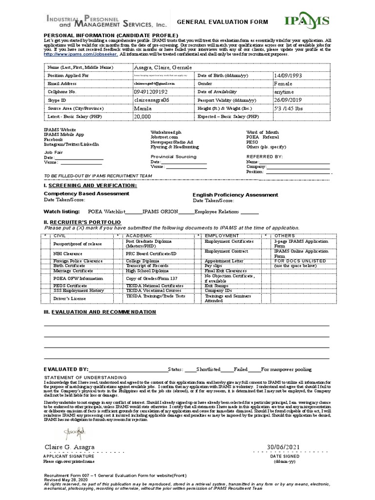 IPAMS General Evaluation Form | PDF | Recruitment | Diploma