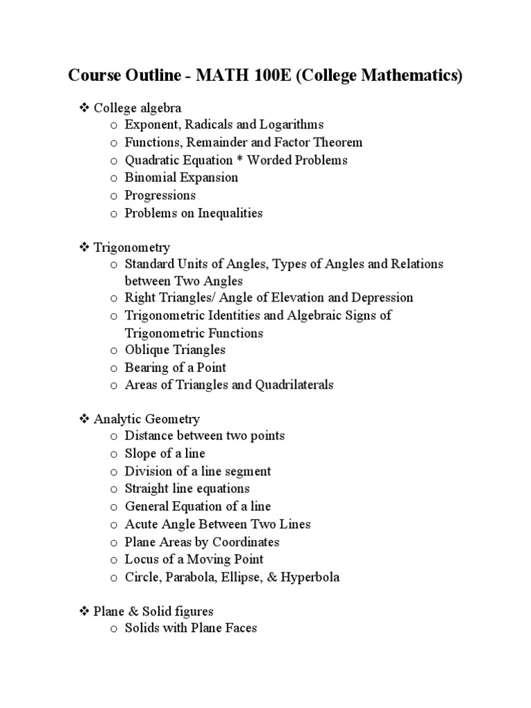 Course Outline - MATH 100E (College Mathematics) | PDF | Teaching ...