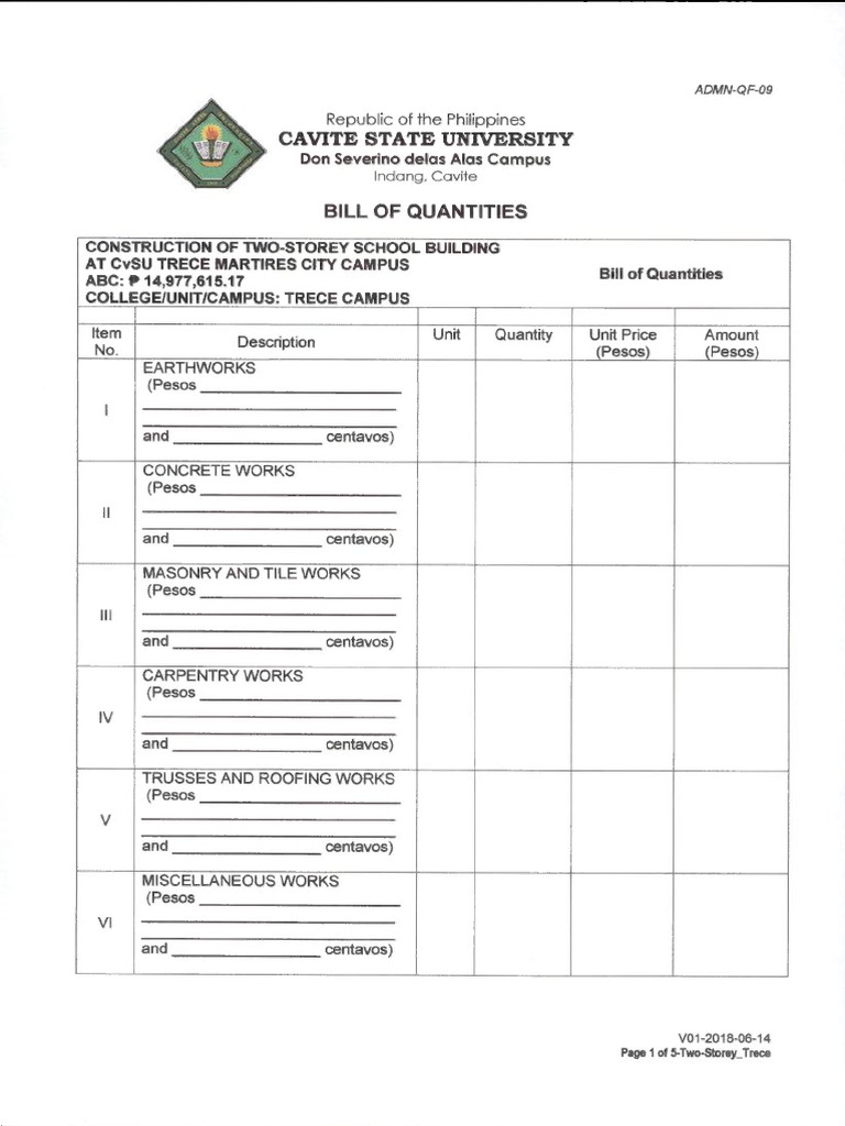 BOQ Construction of Two Storey School Building Trece | PDF