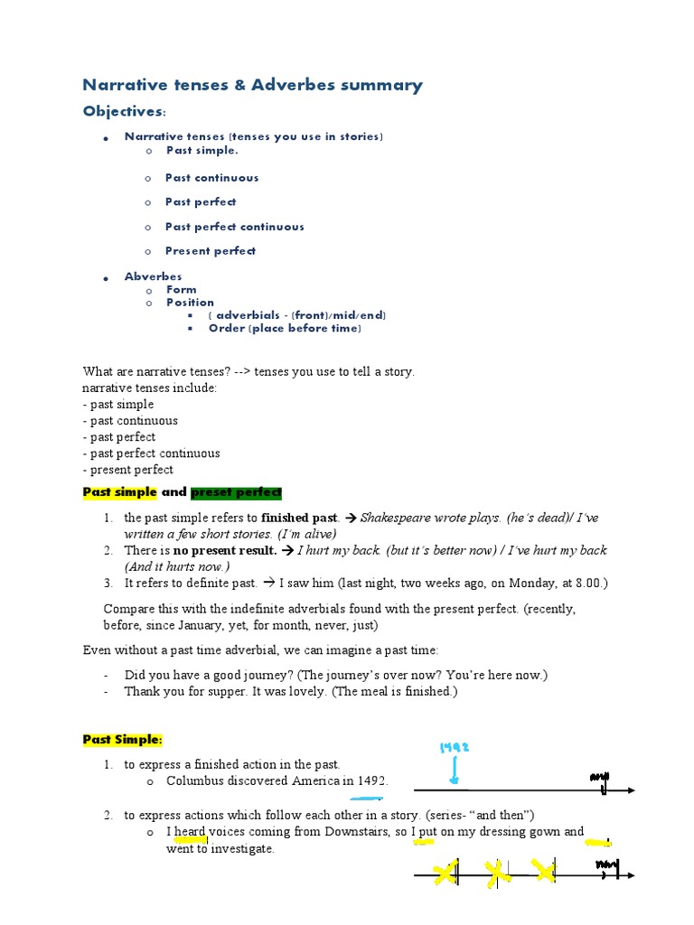 Narrative Tenses & Adverbes Summary: Objectives | PDF | Adverb | Verb